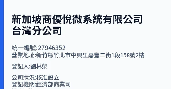 新加坡商優悅微系統有限公司台灣分公司的照片-統編 27946352(新竹縣) 公司登記資料與營業項目詳細圖表