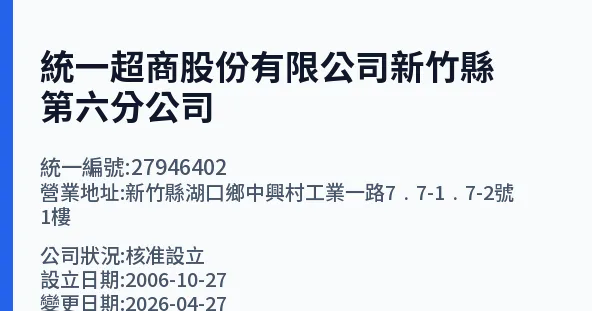 統一超商股份有限公司新竹縣第六分公司的照片-統編 27946402(新竹縣) 公司登記資料與營業項目詳細圖表