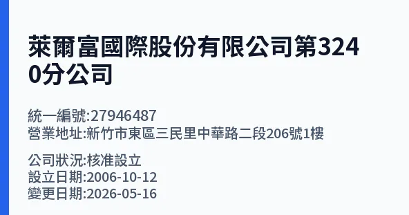 萊爾富國際股份有限公司第3240分公司的照片-統編 27946487(新竹市) 公司登記資料與營業項目詳細圖表