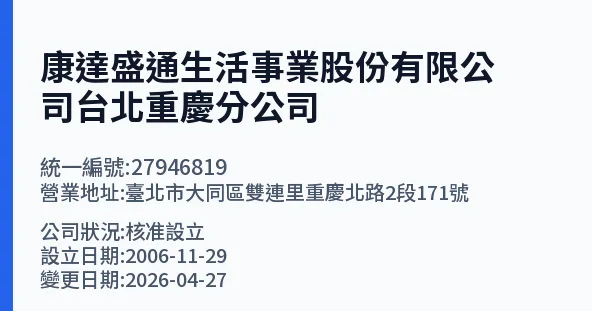 康達盛通生活事業股份有限公司台北重慶分公司的照片-統編 27946819(臺北市) 公司登記資料與營業項目詳細圖表