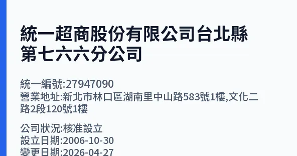 統一超商股份有限公司台北縣第七六六分公司的照片-統編 27947090(新北市) 公司登記資料與營業項目詳細圖表