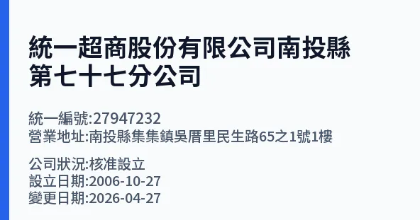 統一超商股份有限公司南投縣第七十七分公司的照片-統編 27947232(南投縣) 公司登記資料與營業項目詳細圖表