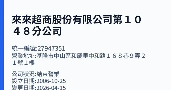 來來超商股份有限公司第1048分公司的照片-統編 27947351(基隆市) 公司登記資料與營業項目詳細圖表