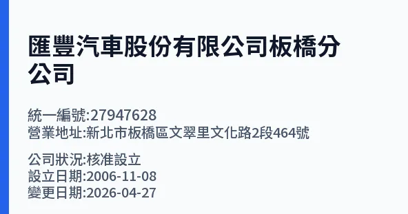 匯豐汽車股份有限公司板橋分公司的照片-統編 27947628(新北市) 公司登記資料與營業項目詳細圖表