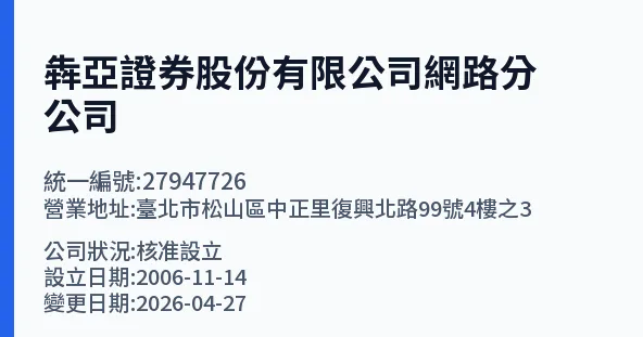 犇亞證券股份有限公司網路分公司的照片-統編 27947726(臺北市) 公司登記資料與營業項目詳細圖表
