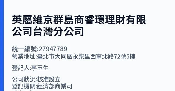英屬維京群島商睿環理財有限公司台灣分公司的照片-統編 27947789(臺北市) 公司登記資料與營業項目詳細圖表