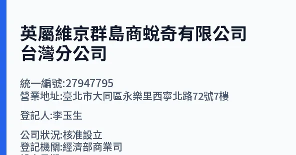 英屬維京群島商蛻奇有限公司台灣分公司的照片-統編 27947795(臺北市) 公司登記資料與營業項目詳細圖表