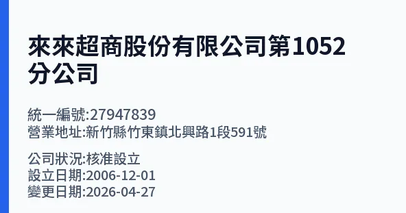 來來超商股份有限公司第1052分公司的照片-統編 27947839(新竹縣) 公司登記資料與營業項目詳細圖表