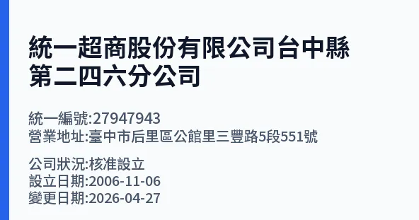 統一超商股份有限公司台中縣第二四六分公司的照片-統編 27947943(臺中市) 公司登記資料與營業項目詳細圖表