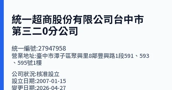 統一超商股份有限公司台中市第三二0分公司的照片-統編 27947958(臺中市) 公司登記資料與營業項目詳細圖表