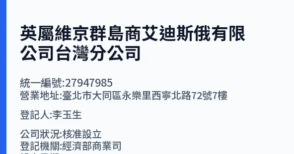 英屬維京群島商艾迪斯俄有限公司台灣分公司的照片-統編 27947985(臺北市) 公司登記資料與營業項目詳細圖表
