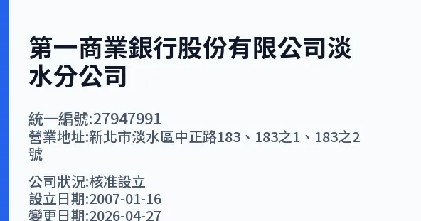 第一商業銀行股份有限公司淡水分公司的照片-統編 27947991(新北市) 公司登記資料與營業項目詳細圖表