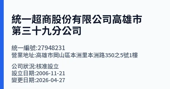 統一超商股份有限公司高雄市第三十九分公司的照片-統編 27948231(高雄市) 公司登記資料與營業項目詳細圖表