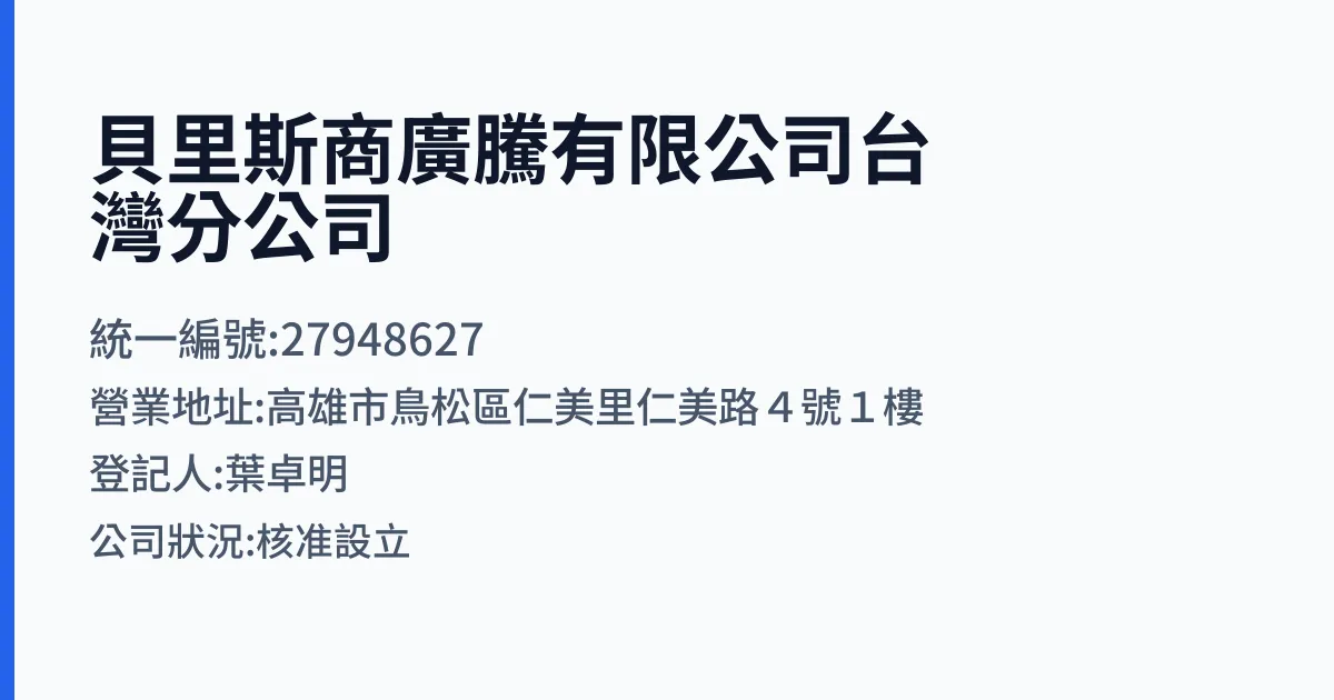 貝里斯商廣騰有限公司台灣分公司 - 統編 27948627(高雄市) 公司登記資料與營業項目詳細圖表