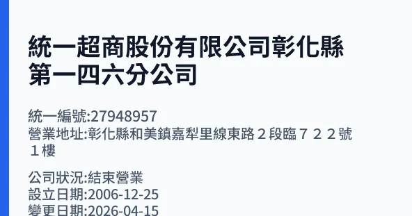 統一超商股份有限公司彰化縣第一四六分公司的照片-統編 27948957(彰化縣) 公司登記資料與營業項目詳細圖表