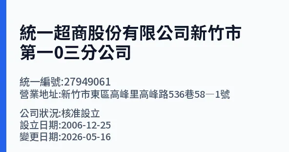 統一超商股份有限公司新竹市第一0三分公司的照片-統編 27949061(新竹市) 公司登記資料與營業項目詳細圖表