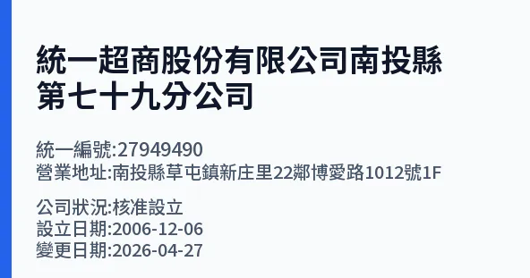 統一超商股份有限公司南投縣第七十九分公司的照片-統編 27949490(南投縣) 公司登記資料與營業項目詳細圖表