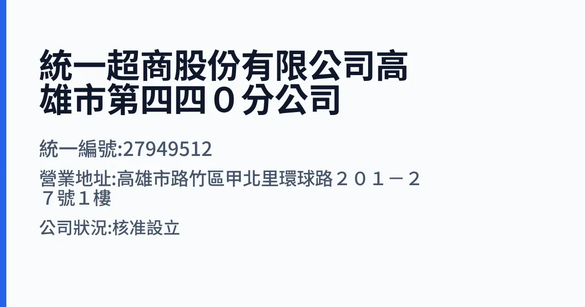 統一超商股份有限公司高雄市第四四０分公司 - 統編 27949512(高雄市) 公司登記資料與營業項目詳細圖表