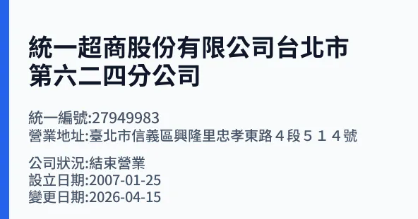 統一超商股份有限公司台北市第六二四分公司的照片-統編 27949983(臺北市) 公司登記資料與營業項目詳細圖表