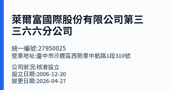 萊爾富國際股份有限公司第三三六六分公司的照片-統編 27950025(臺中市) 公司登記資料與營業項目詳細圖表