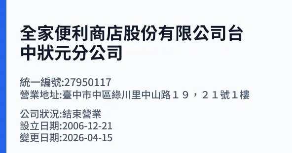 全家便利商店股份有限公司台中狀元分公司的照片-統編 27950117(臺中市) 公司登記資料與營業項目詳細圖表