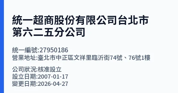 統一超商股份有限公司台北市第六二五分公司的照片-統編 27950186(臺北市) 公司登記資料與營業項目詳細圖表