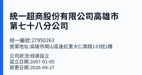 統一超商股份有限公司高雄市第七十八分公司的照片-統編 27950263(高雄市) 公司登記資料與營業項目詳細圖表