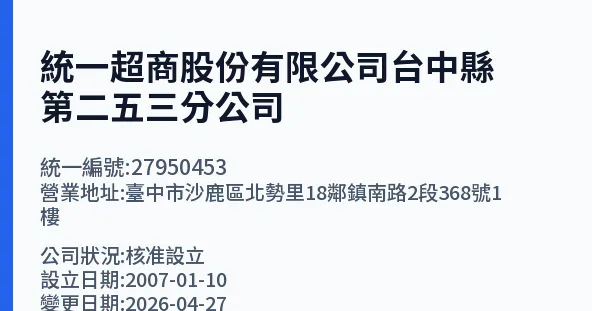 統一超商股份有限公司台中縣第二五三分公司的照片-統編 27950453(臺中市) 公司登記資料與營業項目詳細圖表