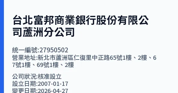 台北富邦商業銀行股份有限公司蘆洲分公司的照片-統編 27950502(新北市) 公司登記資料與營業項目詳細圖表