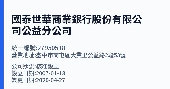 國泰世華商業銀行股份有限公司公益分公司的照片-統編 27950518(臺中市) 公司登記資料與營業項目詳細圖表