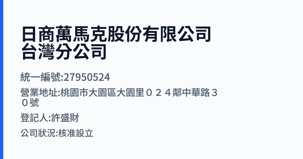 日商萬馬克股份有限公司台灣分公司 - 統編 27950524(桃園市) 公司登記資料與營業項目詳細圖表