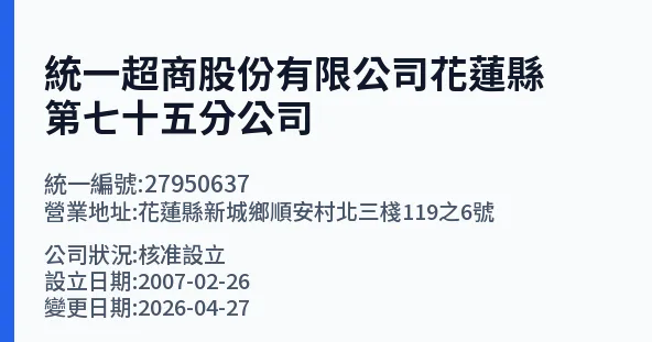統一超商股份有限公司花蓮縣第七十五分公司的照片-統編 27950637(花蓮縣) 公司登記資料與營業項目詳細圖表