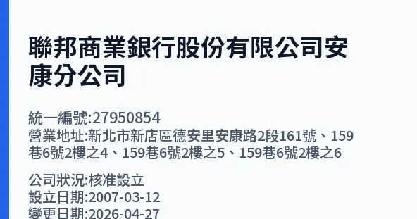 聯邦商業銀行股份有限公司安康分公司的照片-統編 27950854(新北市) 公司登記資料與營業項目詳細圖表