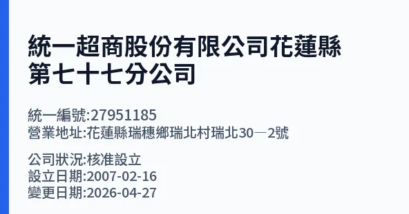 統一超商股份有限公司花蓮縣第七十七分公司的照片-統編 27951185(花蓮縣) 公司登記資料與營業項目詳細圖表