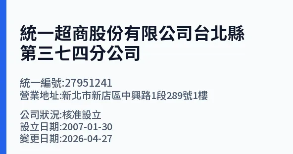 統一超商股份有限公司台北縣第三七四分公司的照片-統編 27951241(新北市) 公司登記資料與營業項目詳細圖表