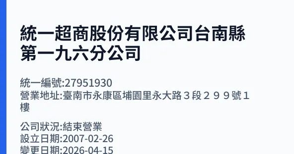 統一超商股份有限公司台南縣第一九六分公司的照片-統編 27951930(臺南市) 公司登記資料與營業項目詳細圖表