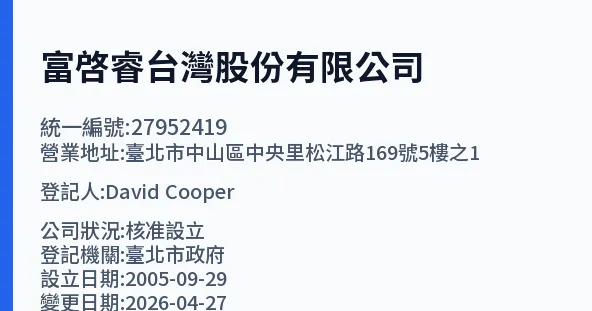 富啓睿台灣股份有限公司的照片-統編 27952419(臺北市) 公司登記資料與營業項目詳細圖表