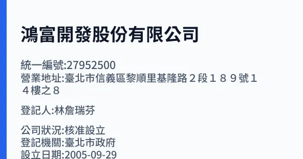 鴻富開發股份有限公司的照片-統編 27952500(臺北市) 公司登記資料與營業項目詳細圖表