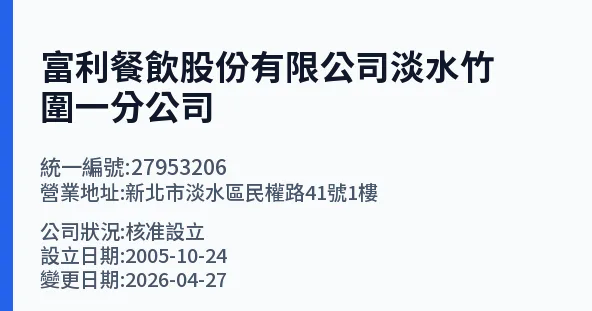 富利餐飲股份有限公司淡水竹圍一分公司的照片-統編 27953206(新北市) 公司登記資料與營業項目詳細圖表
