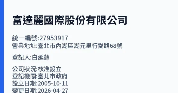 富達麗國際股份有限公司的照片-統編 27953917(臺北市) 公司登記資料與營業項目詳細圖表