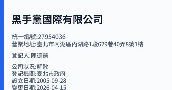 黑手黨國際有限公司的照片-統編 27954036(臺北市) 公司登記資料與營業項目詳細圖表