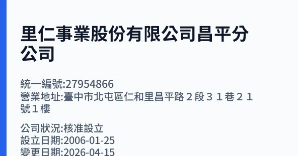 里仁事業股份有限公司昌平分公司的照片-統編 27954866(臺中市) 公司登記資料與營業項目詳細圖表