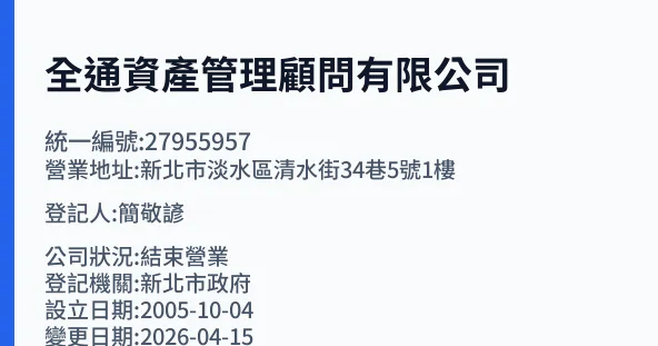 全通資產管理顧問有限公司的照片-統編 27955957(新北市) 公司登記資料與營業項目詳細圖表