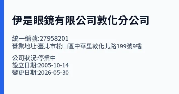 伊是眼鏡有限公司敦化分公司的照片-統編 27958201(臺北市) 公司登記資料與營業項目詳細圖表