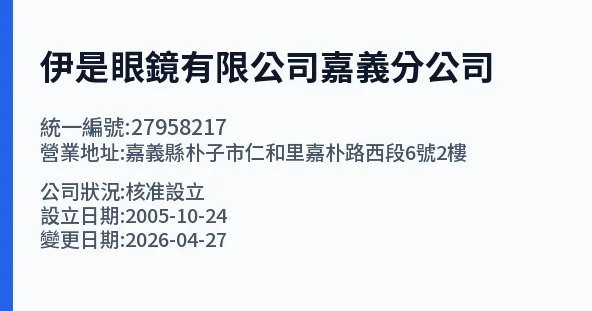 伊是眼鏡有限公司嘉義分公司的照片-統編 27958217(嘉義縣) 公司登記資料與營業項目詳細圖表
