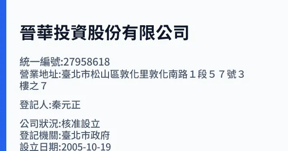 晉華投資股份有限公司的照片-統編 27958618(臺北市) 公司登記資料與營業項目詳細圖表