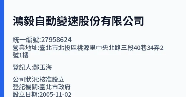 鴻毅自動變速股份有限公司的照片-統編 27958624(臺北市) 公司登記資料與營業項目詳細圖表
