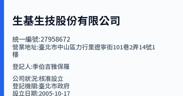 生基生技股份有限公司的照片-統編 27958672(臺北市) 公司登記資料與營業項目詳細圖表