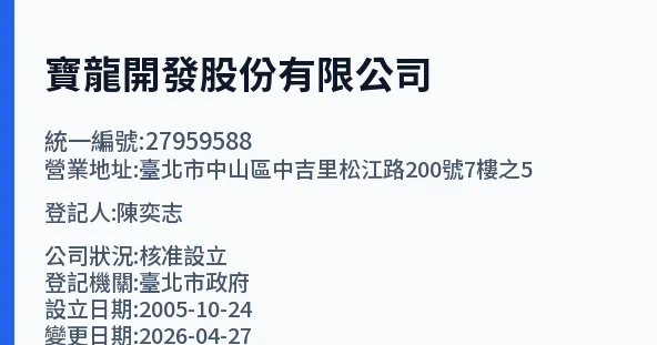 寶龍開發股份有限公司的照片-統編 27959588(臺北市) 公司登記資料與營業項目詳細圖表