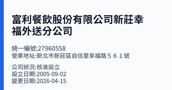 富利餐飲股份有限公司新莊幸福外送分公司的照片-統編 27960558(新北市) 公司登記資料與營業項目詳細圖表